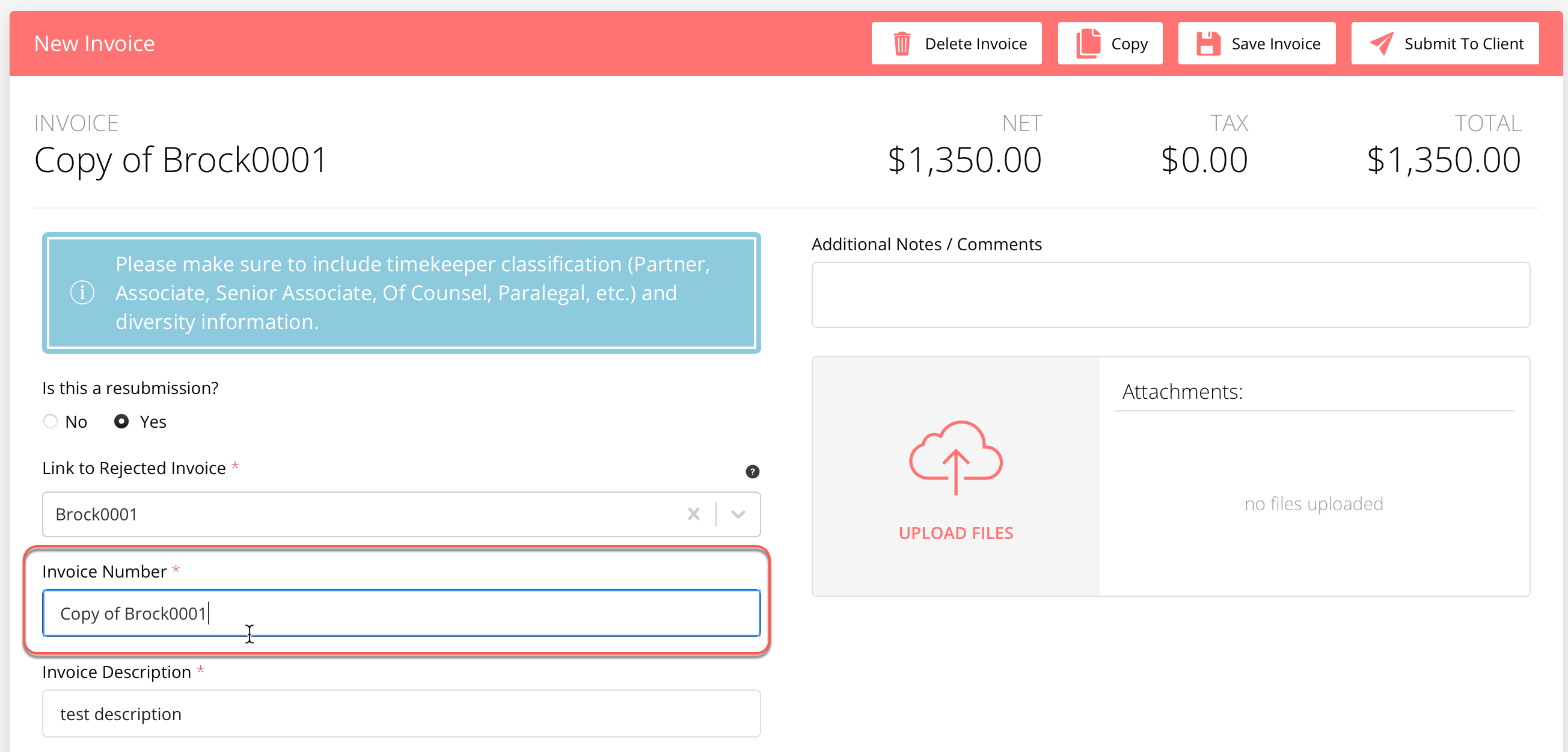 Resubmitting a Manual/Non-LEDES Invoice in CounselGO